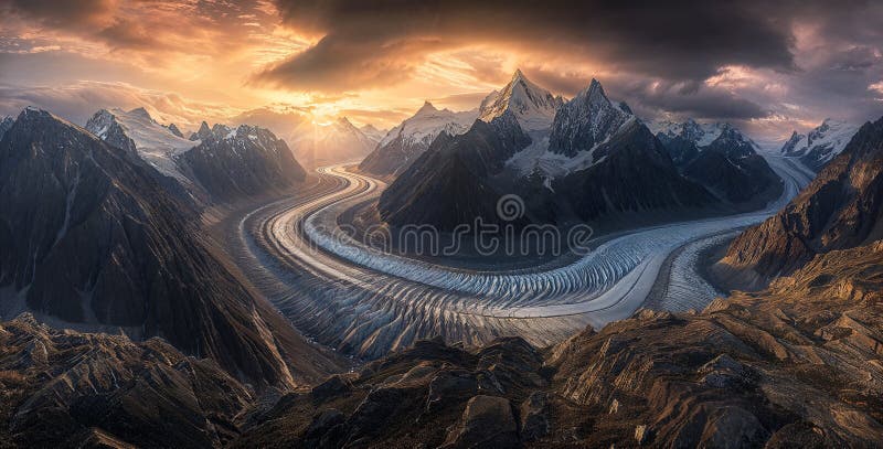 The Image Shows an Extremely Long Mountain View at Sunset with Dramatic ...