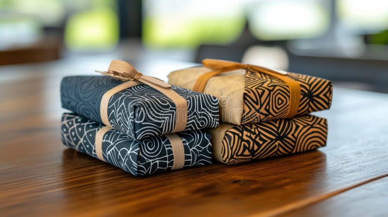 Four Wrapped Gifts with Unique Patterns and Ribbons. Stock Image ...