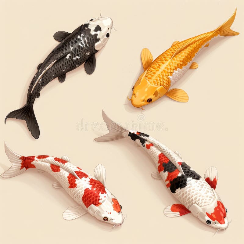 Four Koi Fish of Different Colors Isolated on a Beige Background. Stock ...
