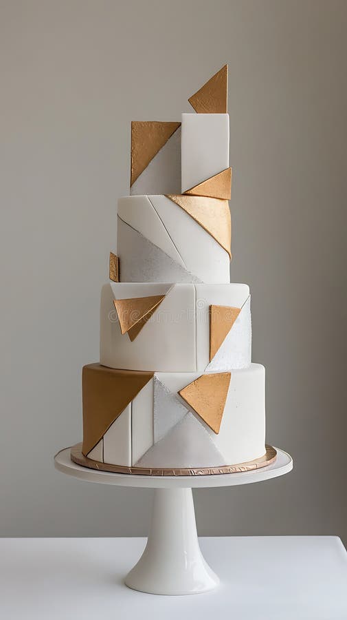 A Geometrically Designed, Four-tiered Cake, Featuring Golden and Silver ...