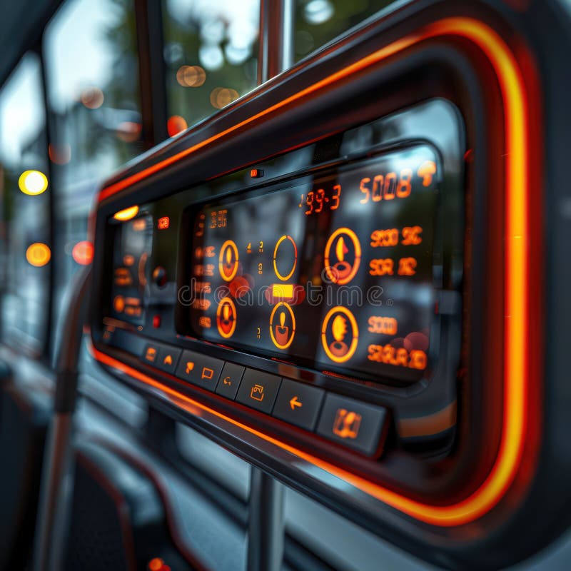 The Image Shows a Futuristic Bus Dashboard with a Digital Display and ...