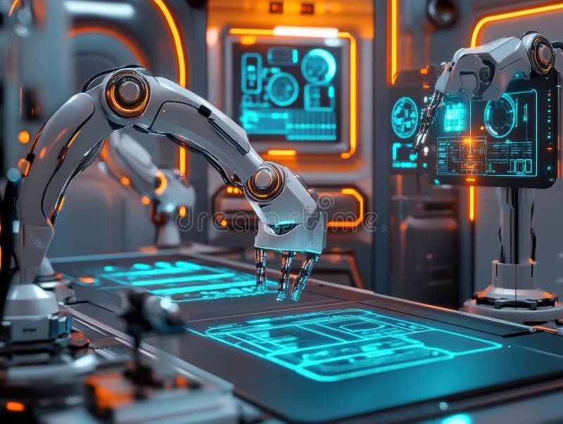 Image Shows a Futuristic Control Room or Cockpit with Advanced Robotic ...