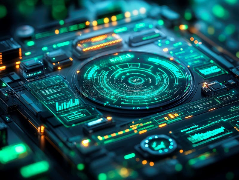 Image Shows a Futuristic, Detailed Control Panel with a Complex Layout ...