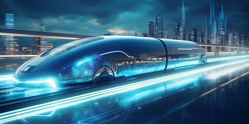 The Image Shows a Futuristic Express Train Moving at High Speed through ...