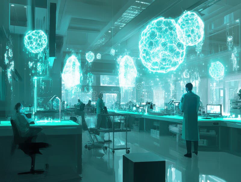 The Image Shows a Futuristic Lab Setting with Spherical Lighting, Two ...