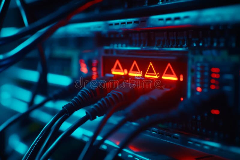 A Close View of Red Glowing Indicators and Cables in a Data Center ...