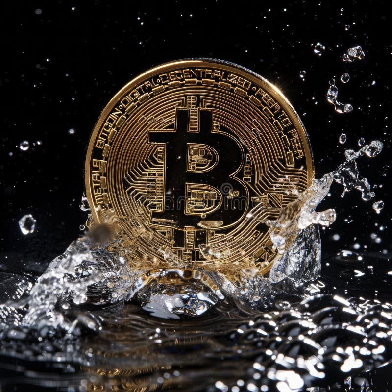 The Image Shows a Gold Bitcoin Coin. the Coin is Being Splashed by ...