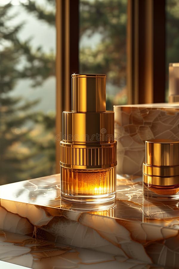 Gold Perfume Bottle on Marble Table in Sunlight Stock Photo - Image of ...