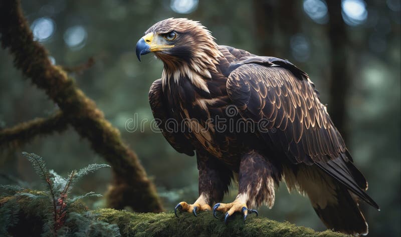 A Golden Eagle Perches on a Moss-covered Branch in a Dense Forest Stock ...