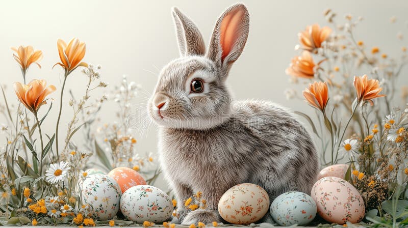 Gray Rabbit Sitting among Floral-decorated Easter Eggs and Orange ...