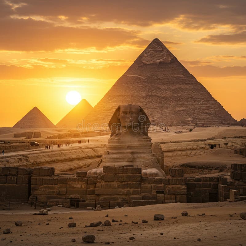 The Image Shows the Great Sphinx and the Pyramids of Giza at Sunset in ...