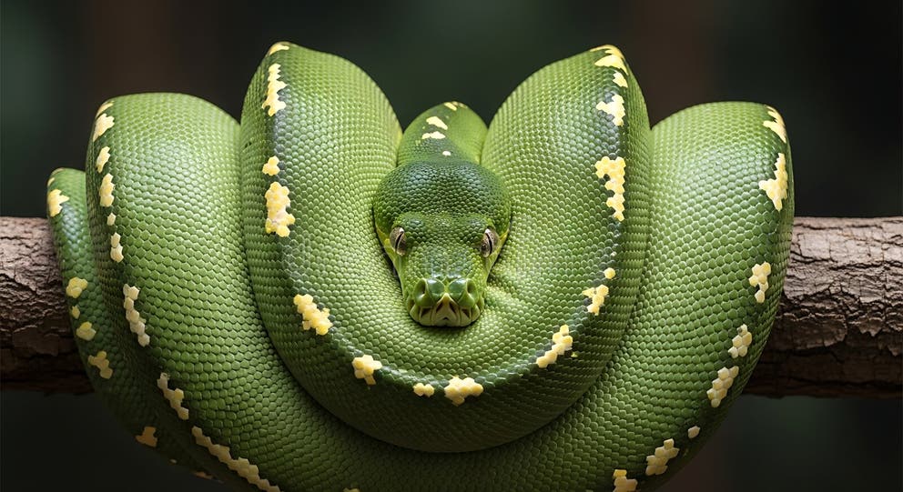 Green Tree Python Coiled on a Branch Stock Illustration - Illustration ...