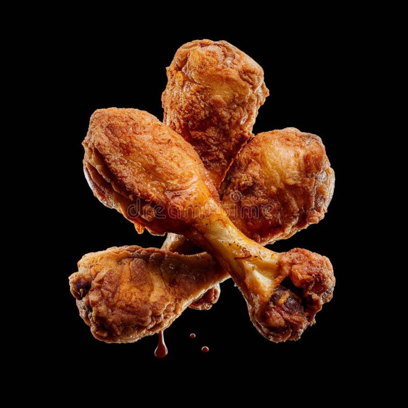 Three Crispy Fried Chicken Legs Arranged on a Sleek Black Background ...