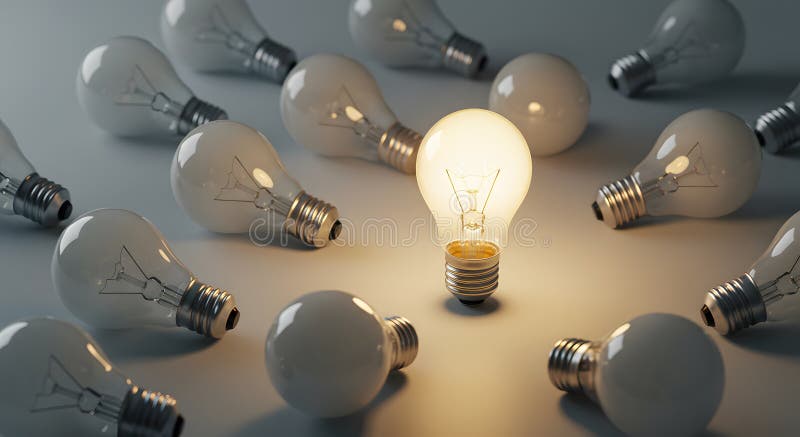 Illuminated Bulb among Unlit Lightbulbs Concept Stock Illustration ...