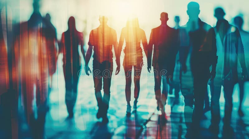 The Image Shows a Group of People Walking Towards a Bright Light Stock ...