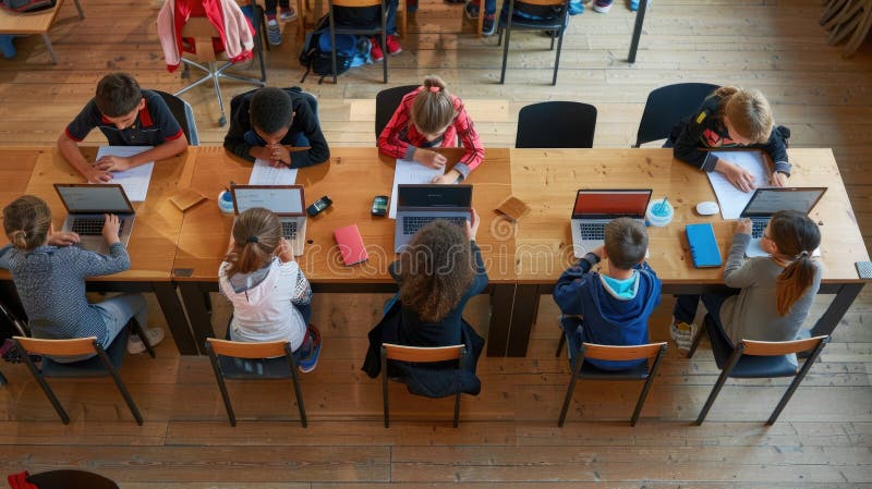 The Image Shows a Group of Students Sitting at a Long Wooden Table in a ...