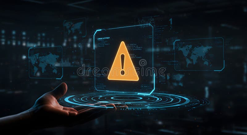 Warning Sign on Hand with Digital Interface Stock Illustration ...