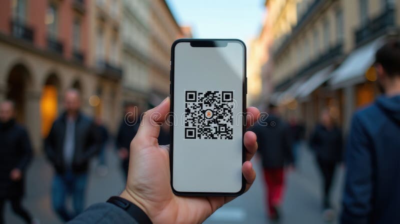 Bitcoin Qr Code on Smartphone in Busy Street Stock Illustration ...