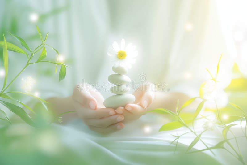 Hands Holding a Balanced Stack of White Stones Topped with a Daisy in a ...