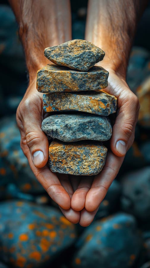 Hands of a Man Balancing Rough, Textured Stones in a Stack Outdoors ...