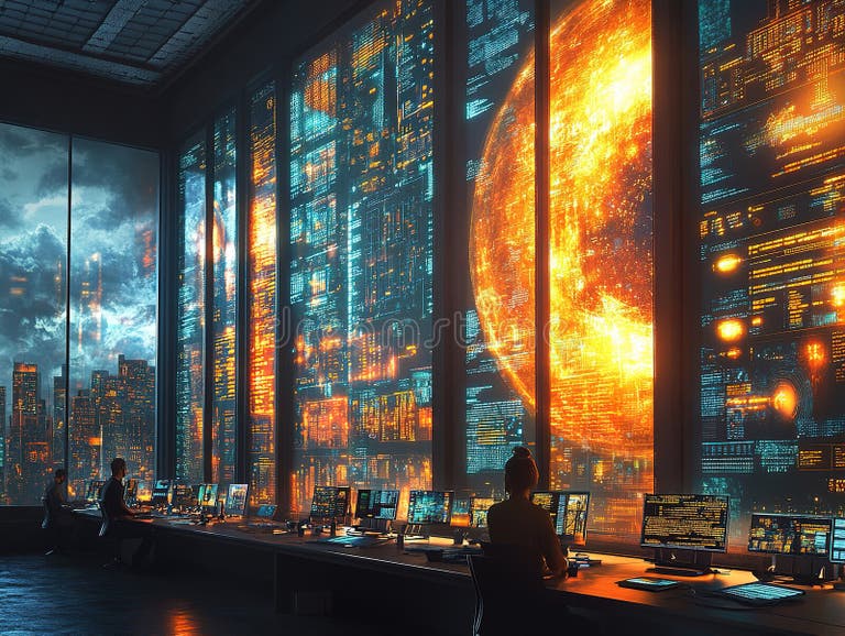 Image Shows a High-tech Control Room Filled with Operators Monitoring Complex Systems on ...