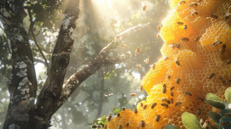 Busy Bees Constructing a Honeycomb Amidst a Lush Forest Stock ...