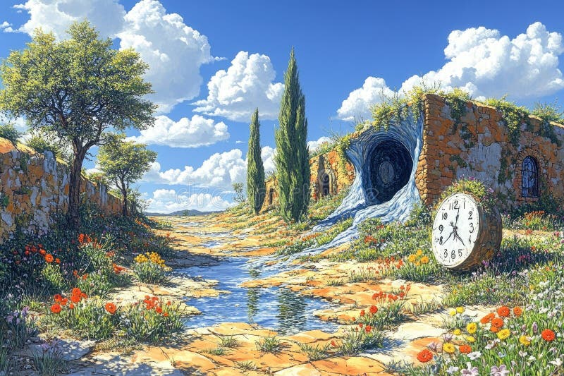 Surreal Landscape with Old Clock and Stone Wall, Time Passing Concept ...