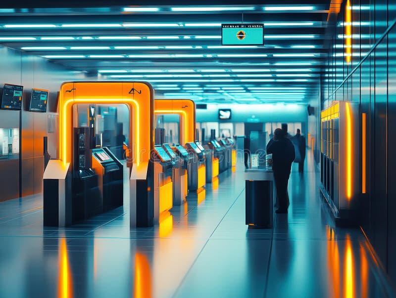 The Image Shows an Illuminated Airport Security Checkpoint with ...