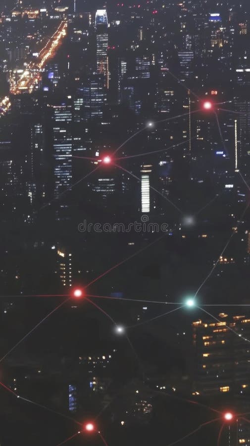 Nighttime City View with Illuminated Network Nodes Stock Illustration ...
