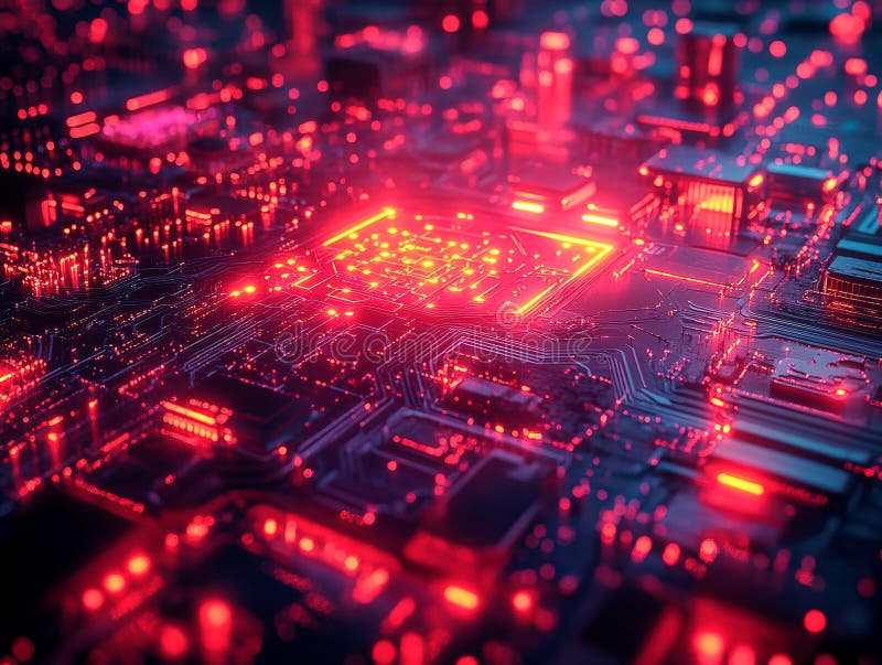 Image Shows an Illuminated Printed Circuit Board PCB with Numerous Red ...