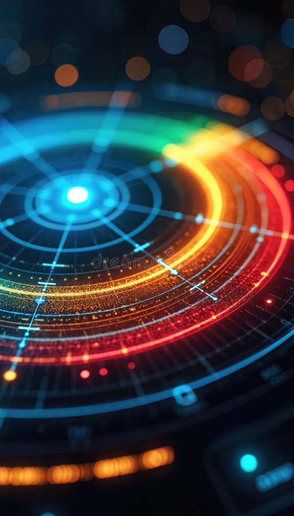 Image Shows Illuminated Radar Screen with Range Indicator. Concentric ...