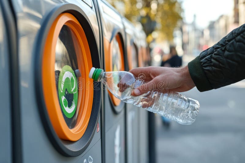 A Person Recycling a Plastic Bottle in a Modern Recycling Bin. this ...