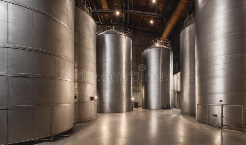 A Large, Industrial Space with Several Tall, Silver, Cylindrical Tanks ...