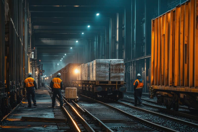 Workers in an Industrial Setting Move Goods. the Scene Captures the ...
