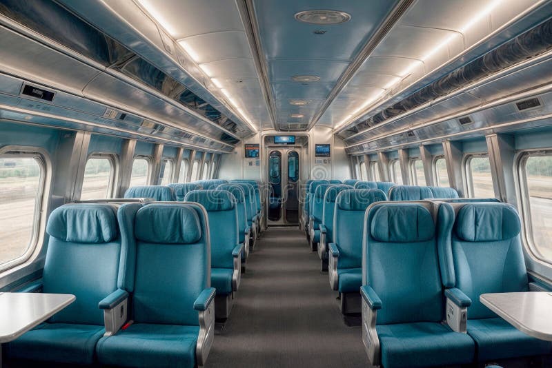 The Image Shows the Inside of a Silver and Blue Train Car with Rows of ...