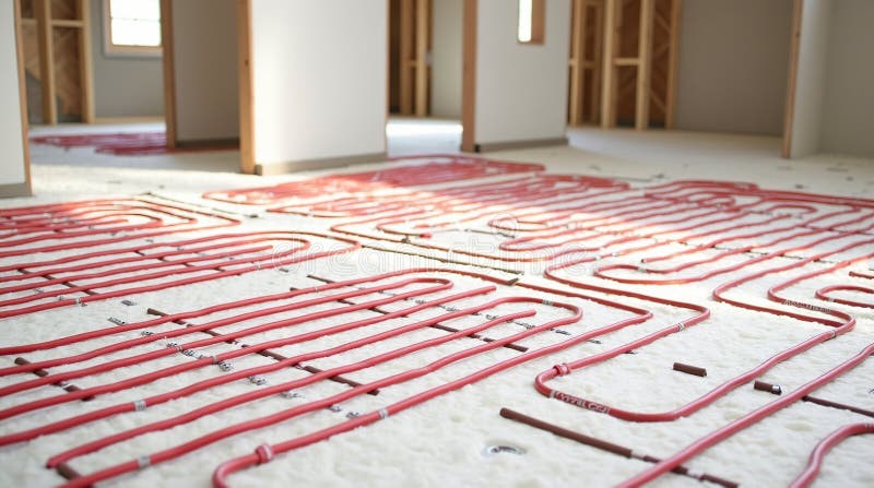Installation of Red Pipe Underfloor Heating System in Residential Interior Construction Stock ...