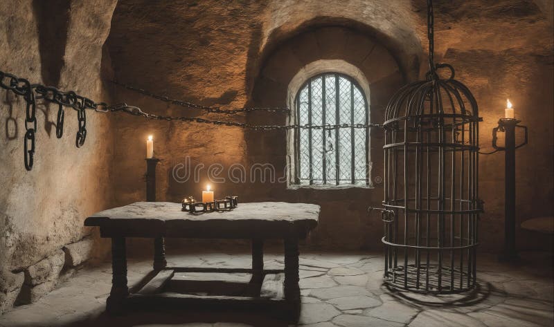 A Large, Metal Cage Hangs from the Ceiling of a Stone Dungeon Stock ...