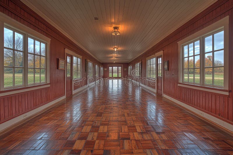 Long Wooden Corridor with Large Windows and Parquet Floor Stock ...