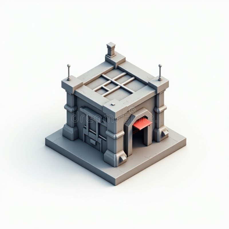 Isometric Gray Building with Red Awning Detail Stock Illustration ...