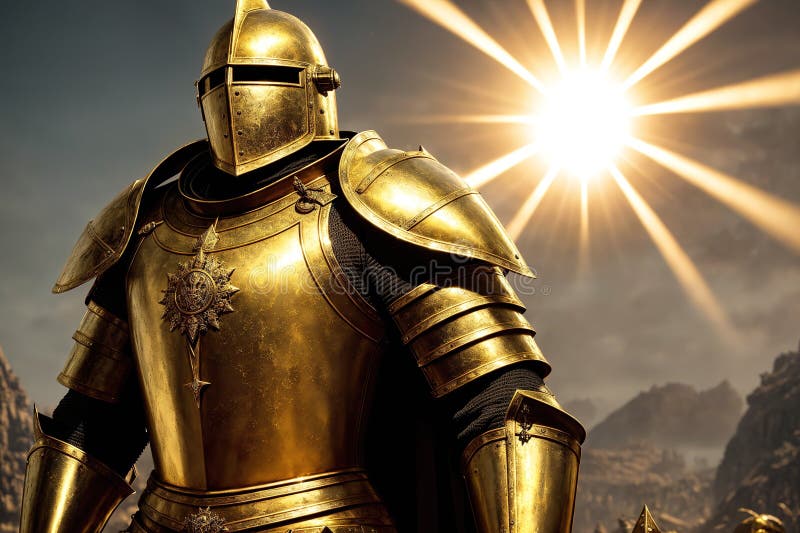 A Knight in Shining Armor Standing on a Rocky Cliff Overlooking a Vast ...