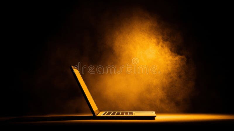 A Laptop with a Glowing Screen Sits on a Table in a Dark Room. Stock ...