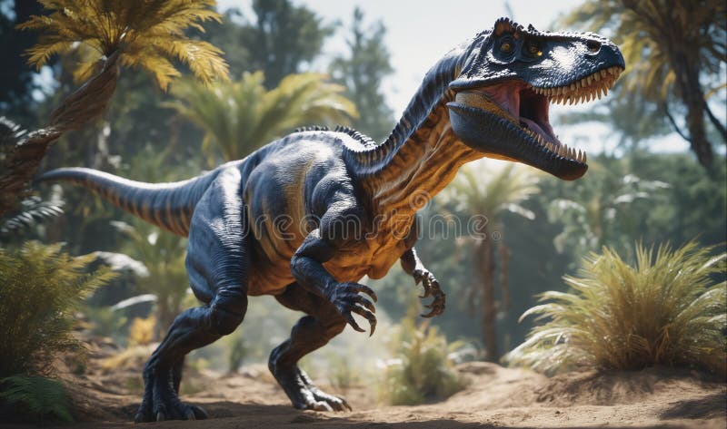 A Large, Blue and Yellow Dinosaur Walks through a Jungle Stock Image ...