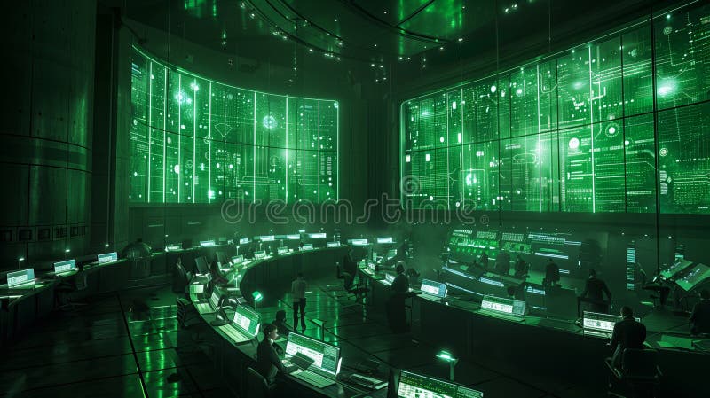 Modern Control Room with Green Screens Displaying Data and People ...