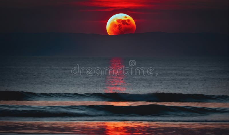 A Large, Red Moon Sets Over a Calm Ocean Stock Image - Image of scenic ...