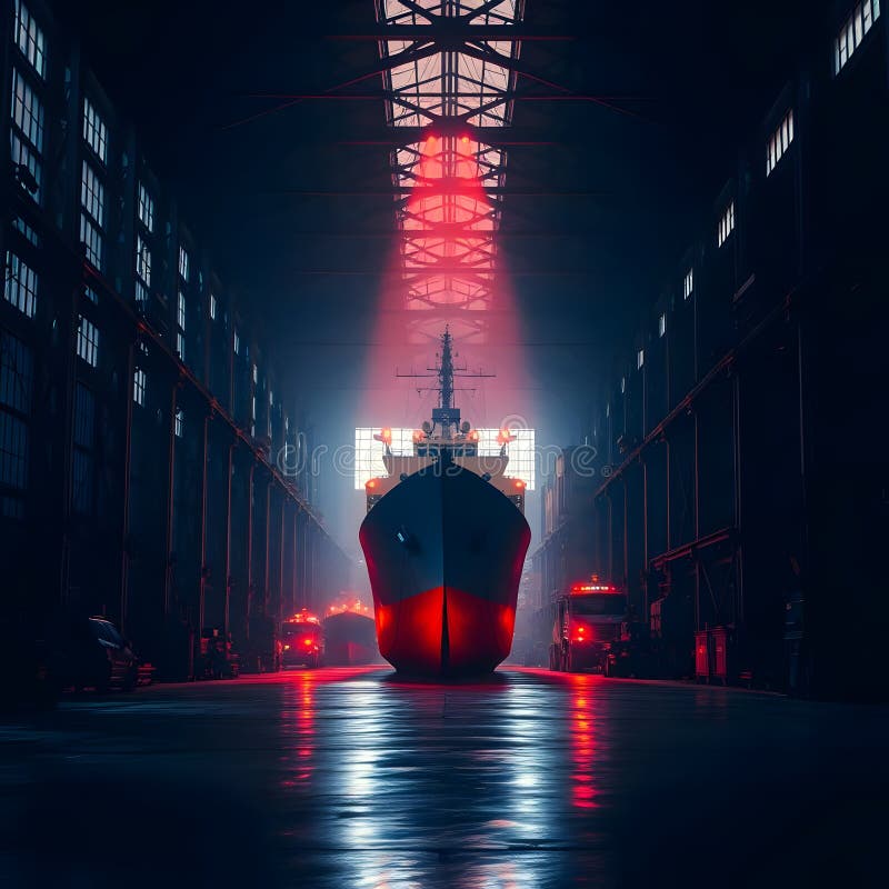 Ship Drydock Inspection - Red Light Focus on Hull, Maritime Maintenance ...
