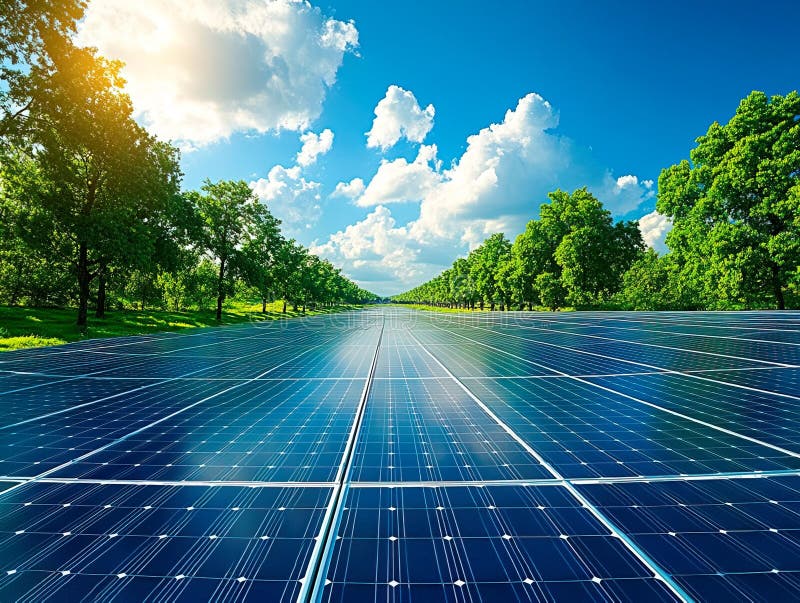 Solar Panels Open Field Under Bright Sun Clear Blue Sky Stock Photos ...