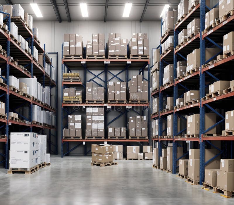 A Large Warehouse with Rows of Shelves Filled with Boxes and Crates ...