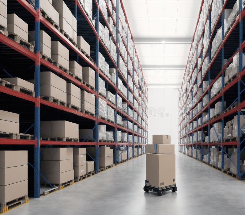 A Large Warehouse with Rows of Shelves and Boxes Stacked on Them. Stock ...