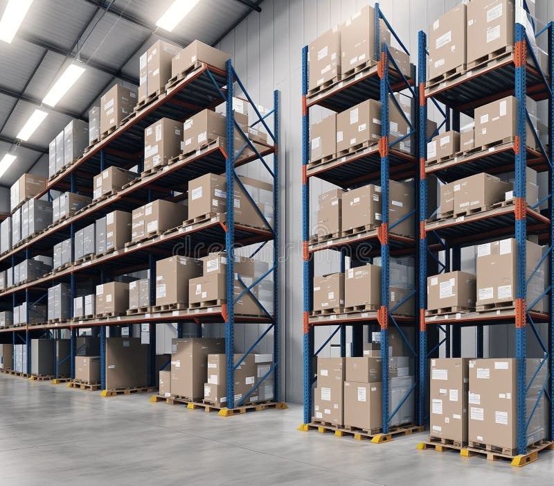 A Large Warehouse with Rows of Shelves Filled with Boxes and Crates ...