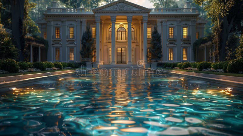 Evening View of a Large White Mansion with a Reflecting Pool Stock ...